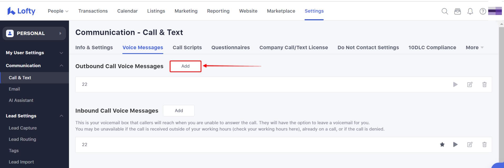 Voice Messages for Inbound & Outbound Calls – Lofty Help Center