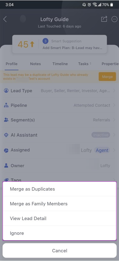 Merge Leads via Mobile App – Lofty Help Center